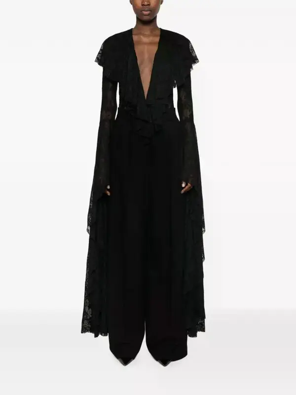Norma Kamali Ruffled V-neck Lace Bodysuit