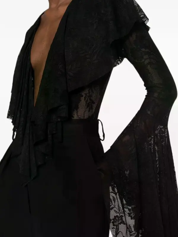 Norma Kamali Ruffled V-neck Lace Bodysuit