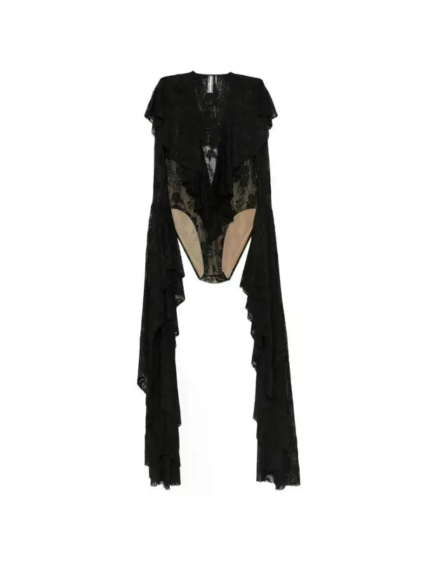 Norma Kamali Ruffled V-neck Lace Bodysuit - Black