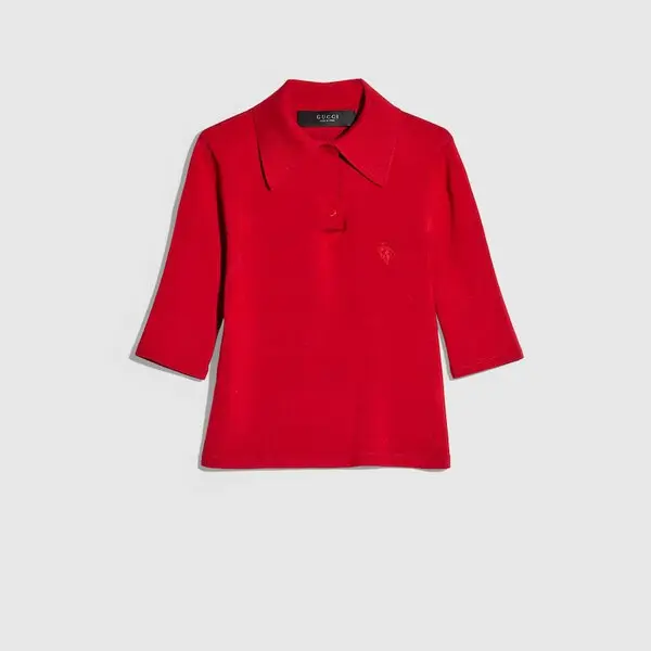Gucci Stretch Knit Silk Polo Shirt With Crest Embroidery