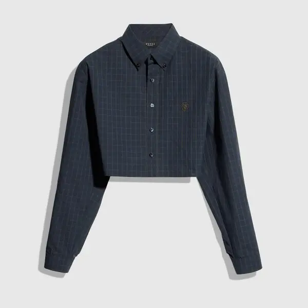 Gucci Cropped Checked Cotton Poplin Shirt With Crest Embroidery