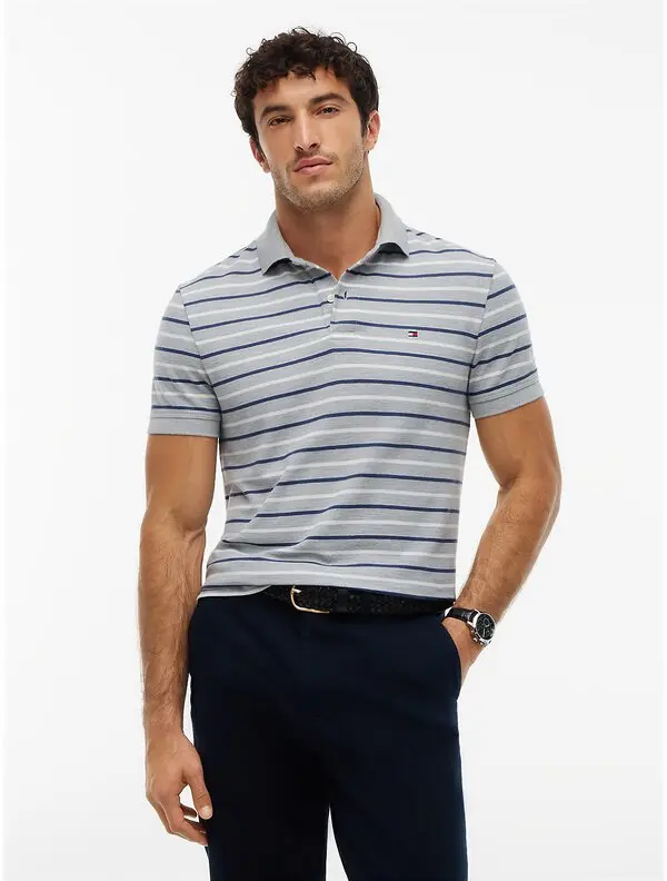 Tommy Hilfiger Regular Fit Striped Wicking Polo - Grey Heather
