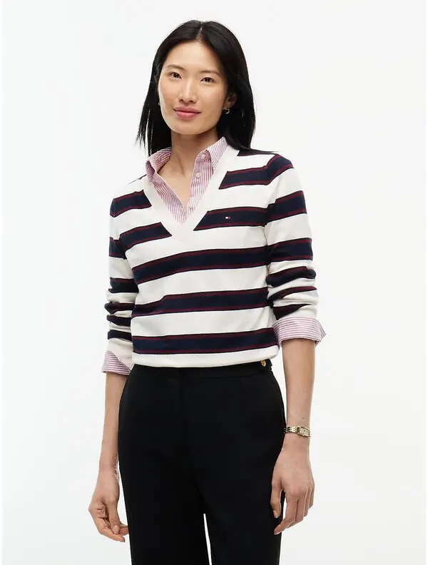 Tommy Hilfiger Lightweight Striped V-neck Sweater - Cream