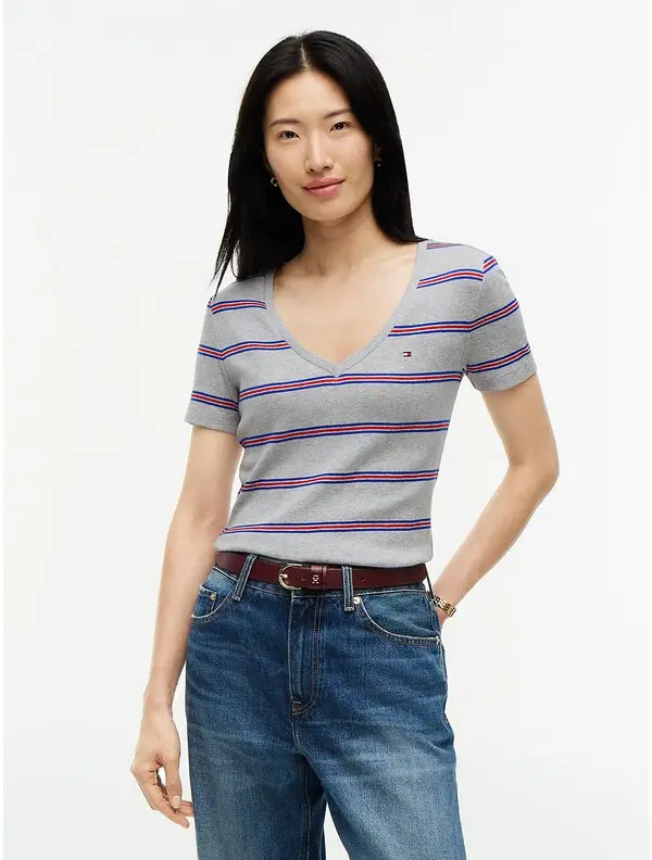 Tommy Hilfiger Slim Fit Striped V-neck T-shirt - Grey Heather