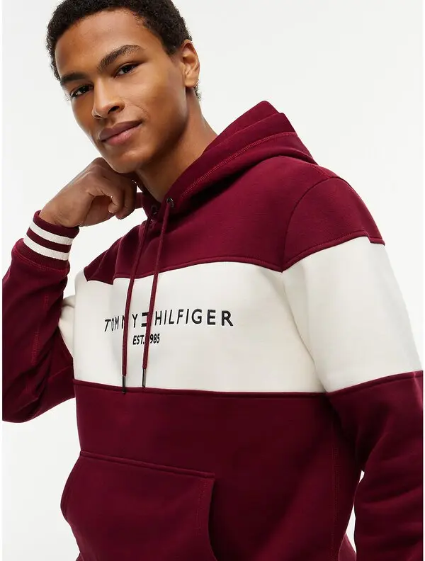 Tommy Hilfiger Colorblocked Logo Hoodie - Burgundy