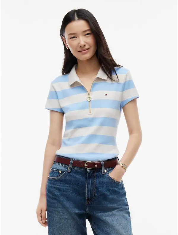 Tommy Hilfiger Slim Fit Rugby Striped Zip Polo - Light Blue