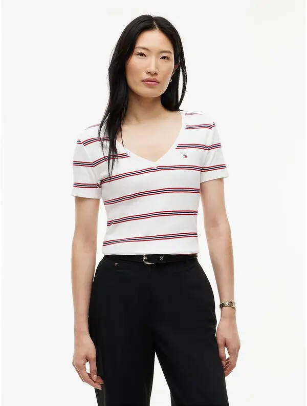 Tommy Hilfiger Slim Fit Striped V-neck Favorite T-shirt - Ecru
