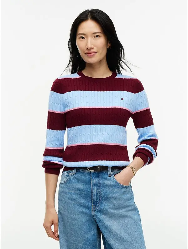 Tommy Hilfiger Rugby Stripe Cable Knit Sweater - Burgundy