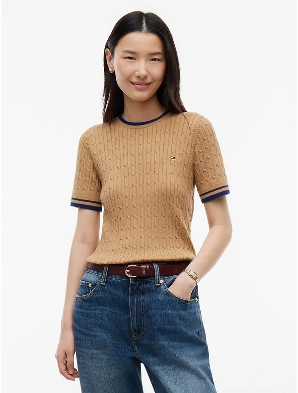 Tommy Hilfiger Short Sleeve Cable Knit Sweater - Timeless Camel
