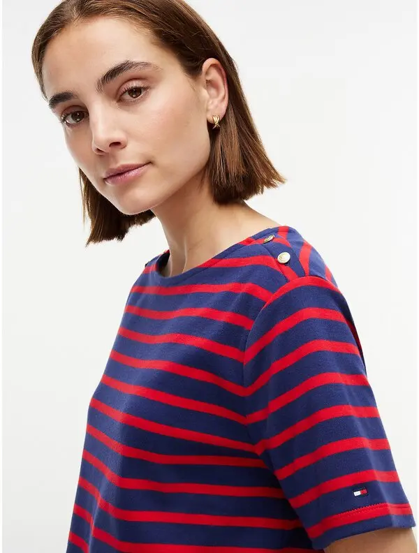 Tommy Hilfiger Striped Cotton Interlock T-shirt With Gold-tone Buttons