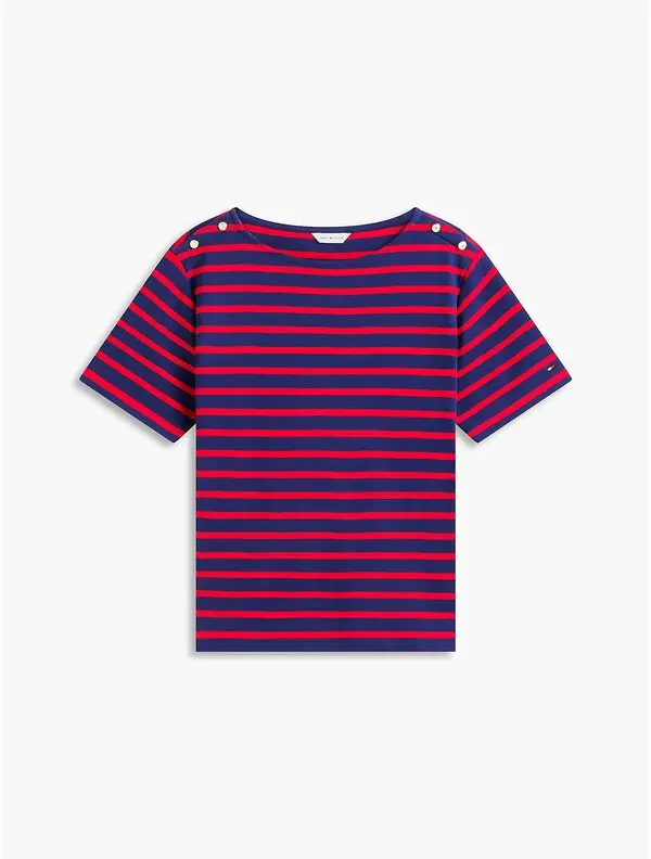 Tommy Hilfiger Striped Cotton Interlock T-shirt With Gold-tone Buttons