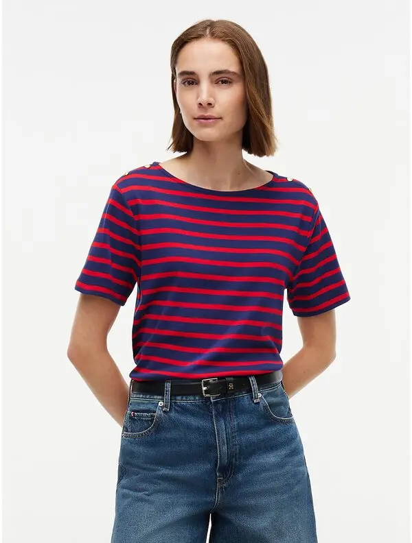 Tommy Hilfiger Striped Cotton Interlock T-shirt With Gold-tone Buttons - Red Combo
