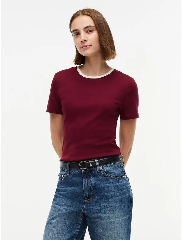 Tommy Hilfiger Ribbed T-shirt With Contrast Collar - Burgundy