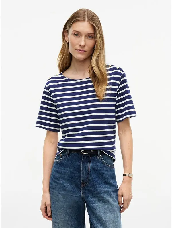 Tommy Hilfiger Striped Cotton Interlock T-shirt With Gold-tone Buttons - Preppy Navy Combo