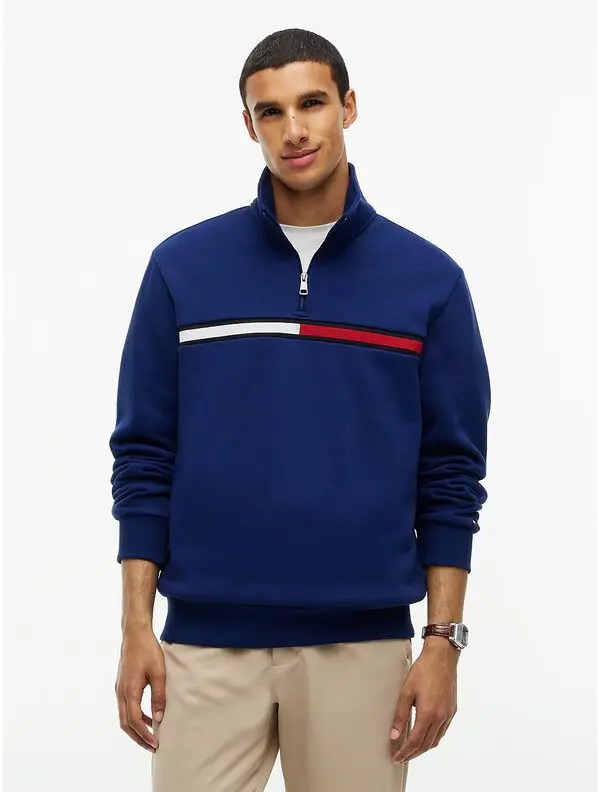 Tommy Hilfiger Flag Stripe Logo Quarter-zip Sweatshirt - Preppy Navy