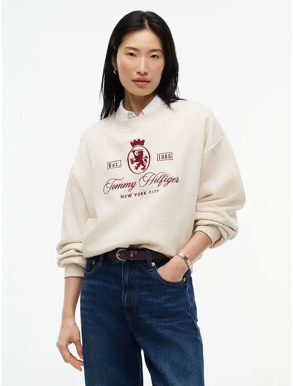 Tommy Hilfiger Relaxed Fit Crewneck Sweatshirt With Embroidered Crest Logo - Sugar Cane
