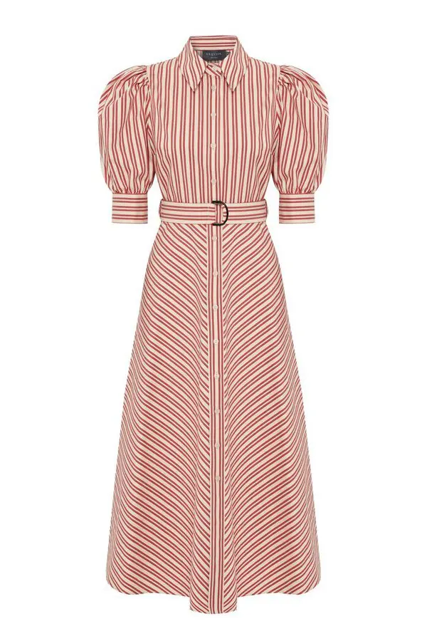 EXQUISE Orange / Red Elaina Shirt Collar Midi Dress Red