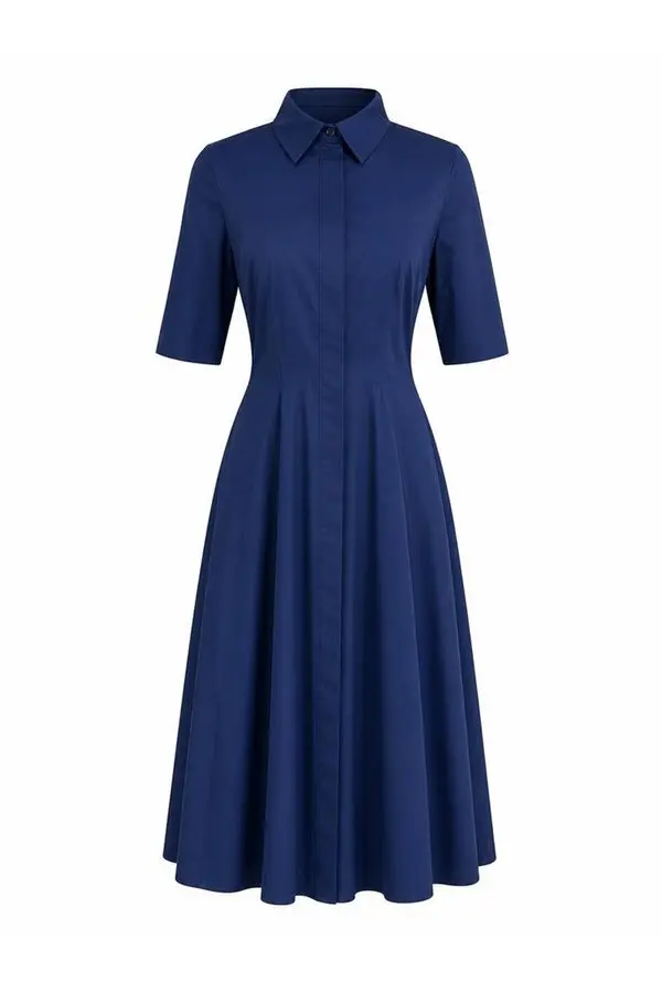 EXQUISE Darcel Short Sleeve Buttoned Midi Dress Navy - Blue