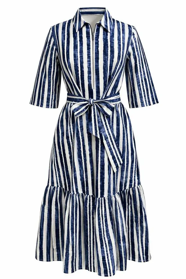 EXQUISE Darcio Shirt Collar Short Sleeve Belted Midi Dress Royal - Blue