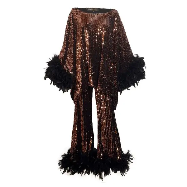 JENNAFER GRACE Sequined Set With Feather Trim - Black/brown