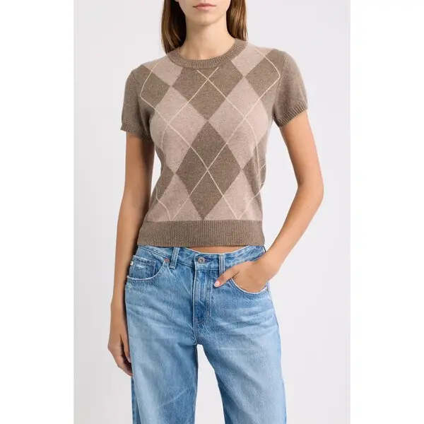 REFORMATION Darcy Short Sleeve Cashmere Sweater Argyle Pattern