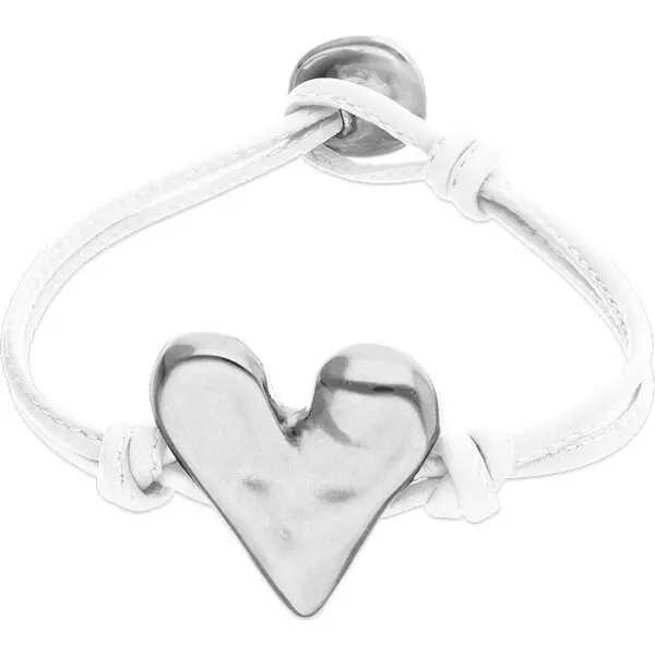 UNODE50 White Leather Bracelet With Sterling -plated Heart Detail - Silver