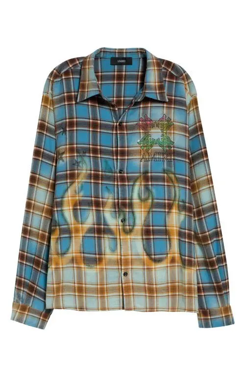 Amiri Ma Quad Flames Plaid Cotton Flannel Button-up Shirt - Blue