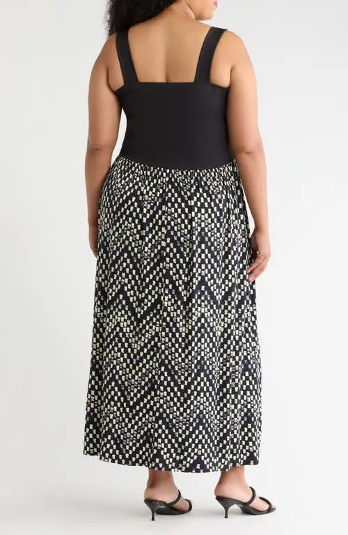 Loveappella Sleeveless Square Neck Maxi Dress With Printed Skirt - Black/ivory
