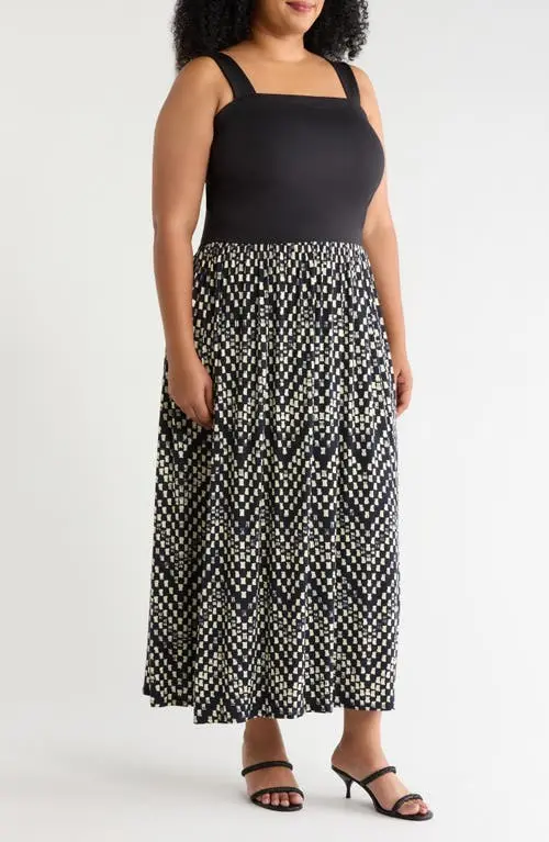 Loveappella Sleeveless Square Neck Maxi Dress With Printed Skirt - Black/ivory