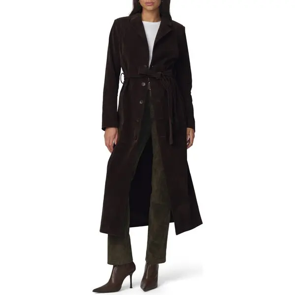 Joe's Jeans Faux Suede Long Coat With Tie Belt - Dark Chocolate