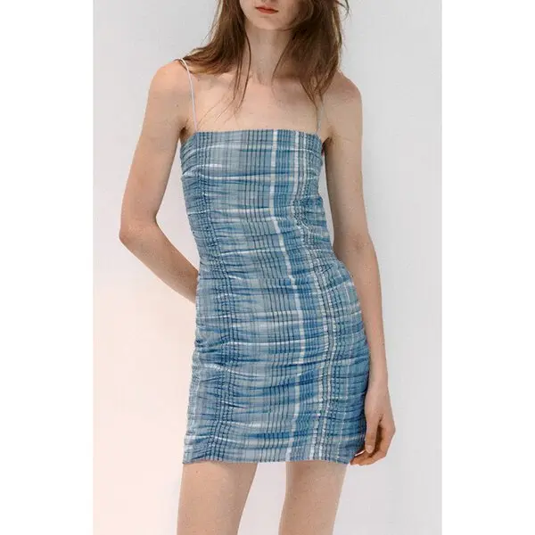 Mango Ruched Plaid Minidress
