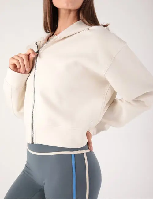 GLYDER High Set Zip Up Cropped Hoodie - Oatmilk