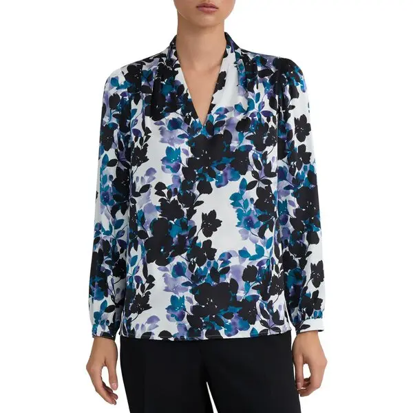 KASPER Pleated Shoulder Floral Print V-neck Top