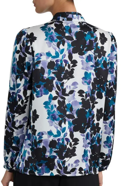 KASPER Pleated Shoulder Floral Print V-neck Top