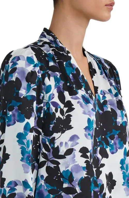 KASPER Pleated Shoulder Floral Print V-neck Top