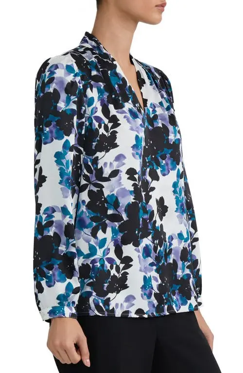 KASPER Pleated Shoulder Floral Print V-neck Top