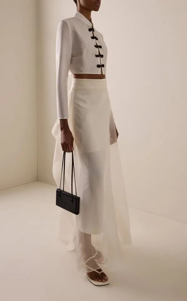 SLOAN Fitted Cropped Crepe Top With Mandarin Collar - Ivory