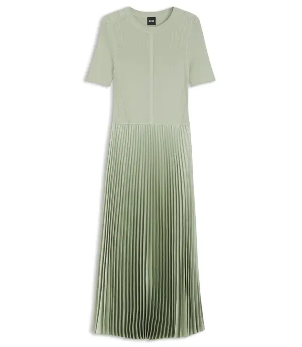 BOSS Mixed-material Dress With Pleated Skirt - Light Green