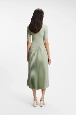 BOSS Mixed-material Dress With Pleated Skirt - Light Green