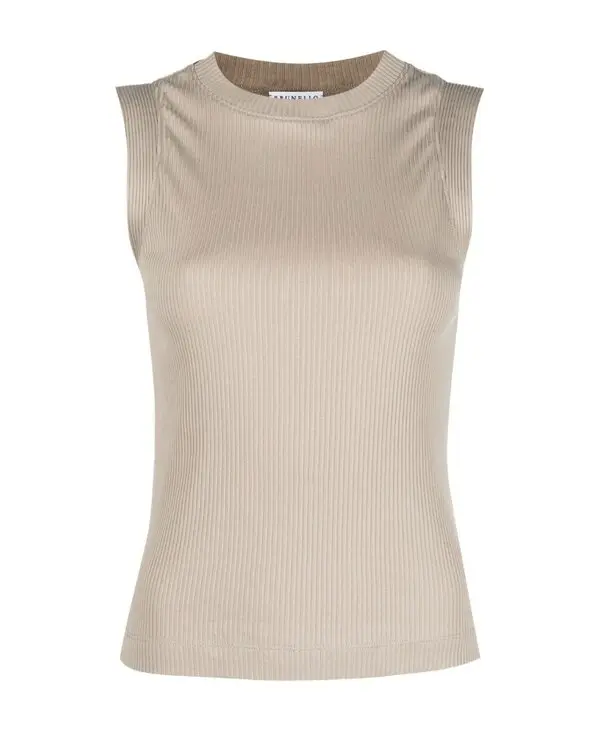 Brunello Cucinelli Ribbed Tank Top With Jewelry Trim - Nude