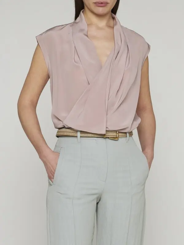 Brunello Cucinelli Cap Sleeve Wrap Front Blouse - Nude
