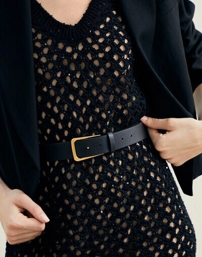 Brunello Cucinelli Wide Leather Belt With Gold Tone Buckle