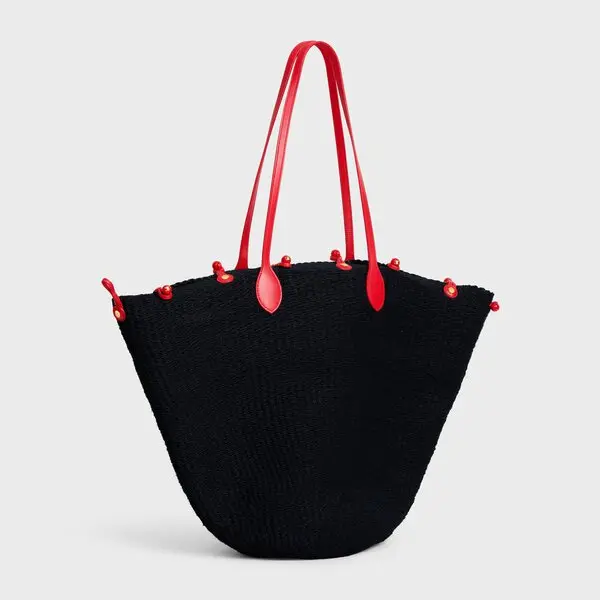 Celine Large Triomphe Beads Basket In Sisal And Calfskin - Black/red