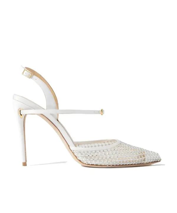 Jennifer Chamandi Crystal-embellished Mesh And Satin Backless High Heels