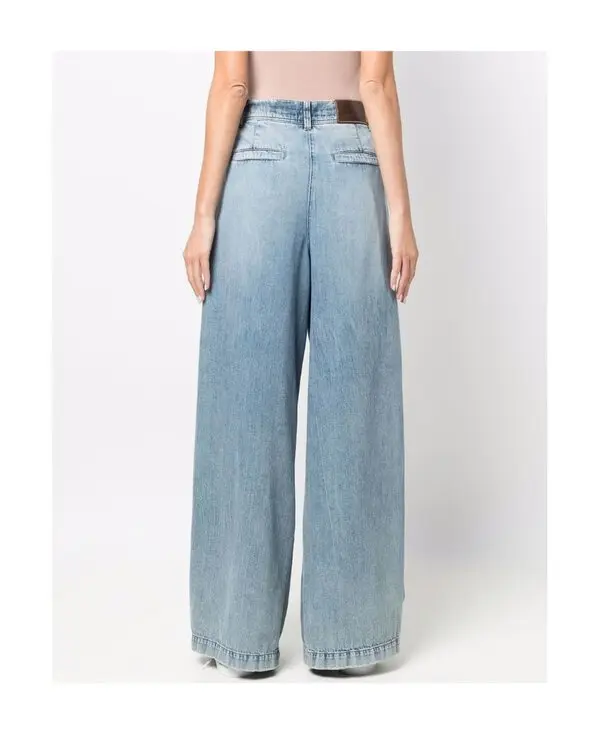Brunello Cucinelli Light Wash Pleated Wide Leg Jeans