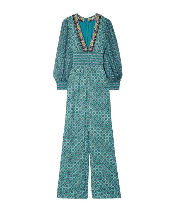 ALICEOLIVIA Alice + Olivia Crinkled Floral Print Wide Leg Jumpsuit - Blue