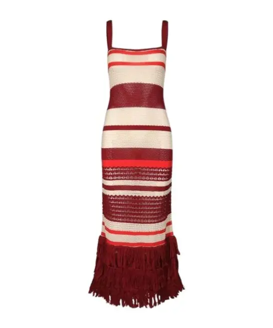 Johanna Ortiz Embayed Fringe Midi Dress - Red