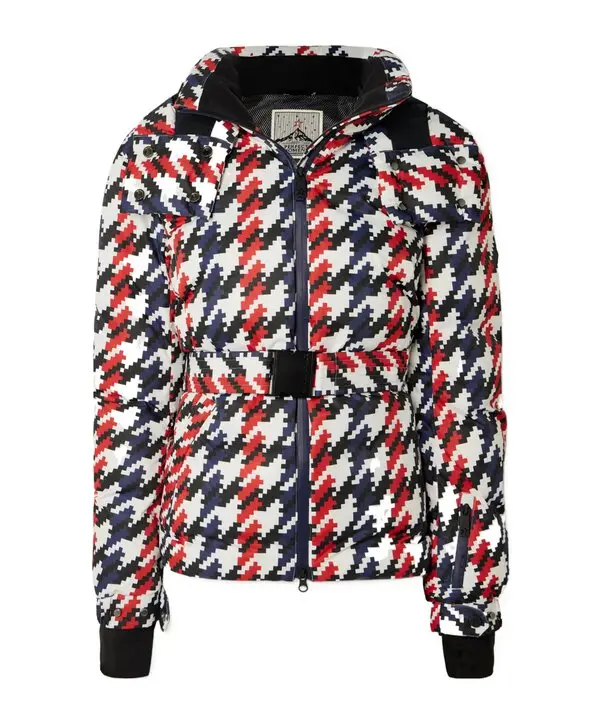 Perfect Moment Candice Hooded Belted Houndstooth Down Ski Jacket