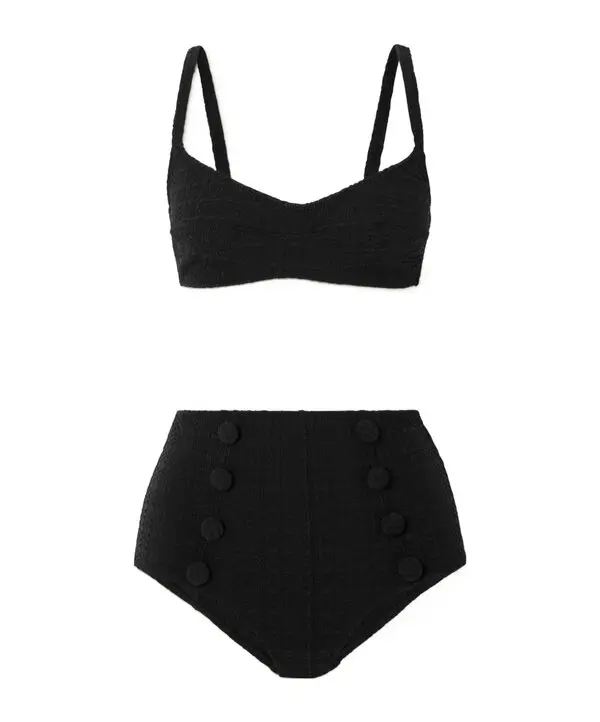 Lisa Marie Fernandez Seersucker Bikini With Button Embellishment - Black