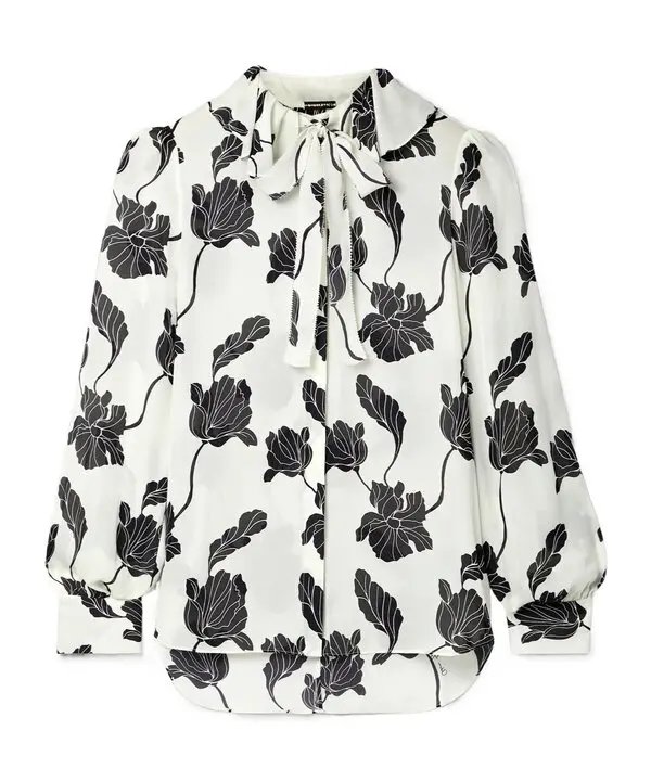 Adam Lippes Floral Printed Silk Crepe De Chine Tie Neck Blouse